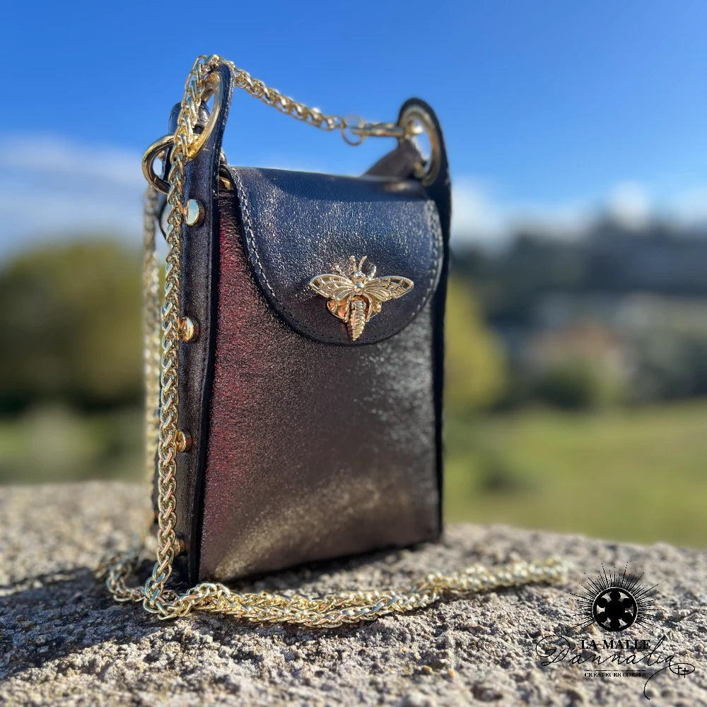 Sac en cuir véritable fabrication italienne gris métallisé avec abeill